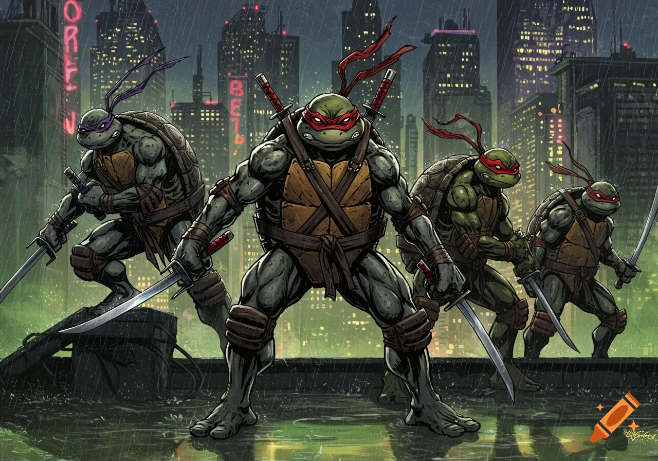 Seven Power Rangers stand heroically in a neon-lit cyberpunk city with ...