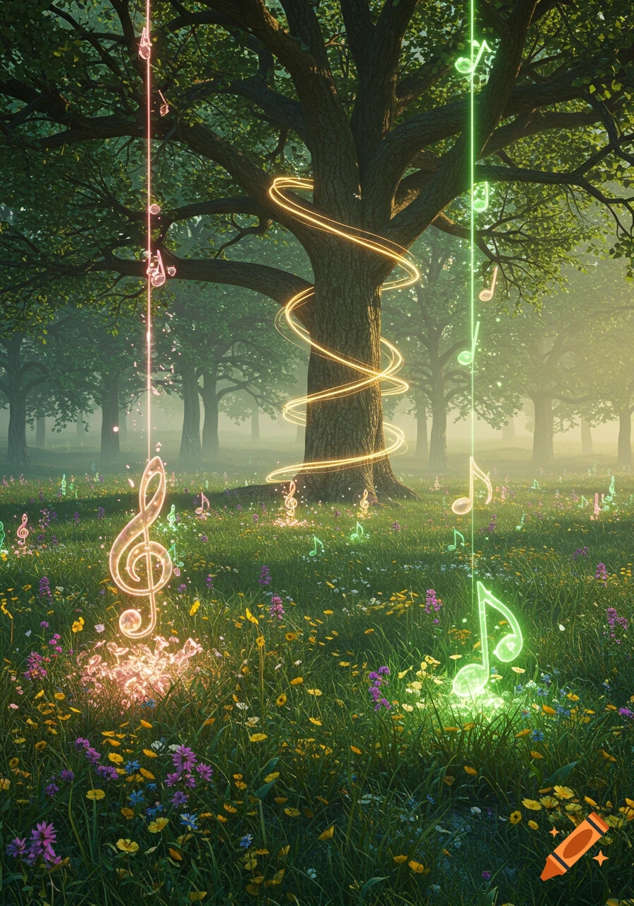 A glowing yellow portal is embedded in the trunk of a large tree in a ...