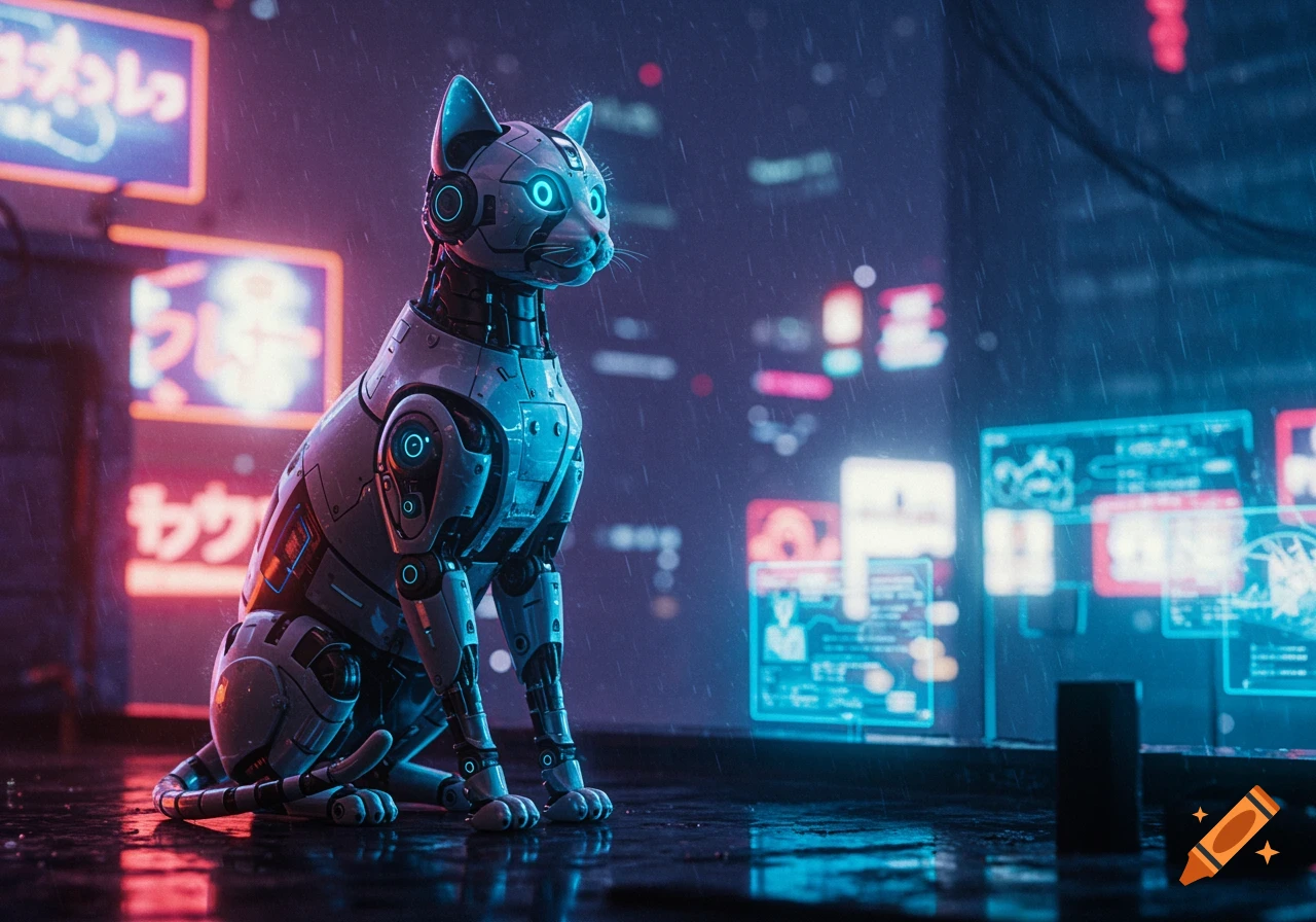 A gleaming white and blue robot cat sits on a wet street in a rainy ...