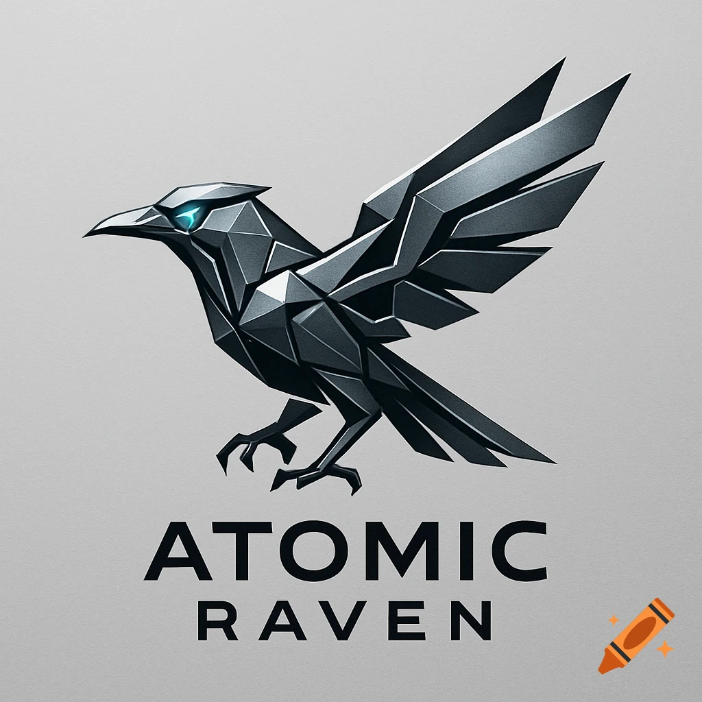 A stylized geometric black raven logo with glowing blue eyes, above the ...