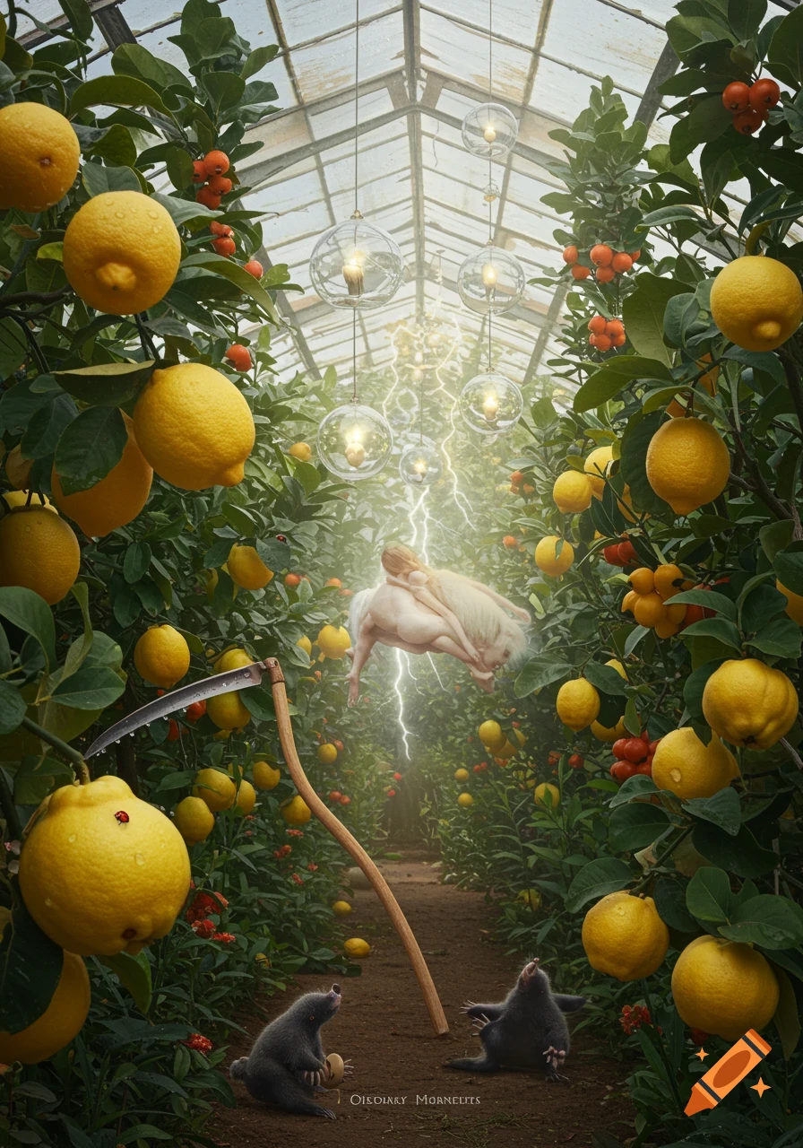 A surreal scene in a lemon tree greenhouse with a nude figure on a ...