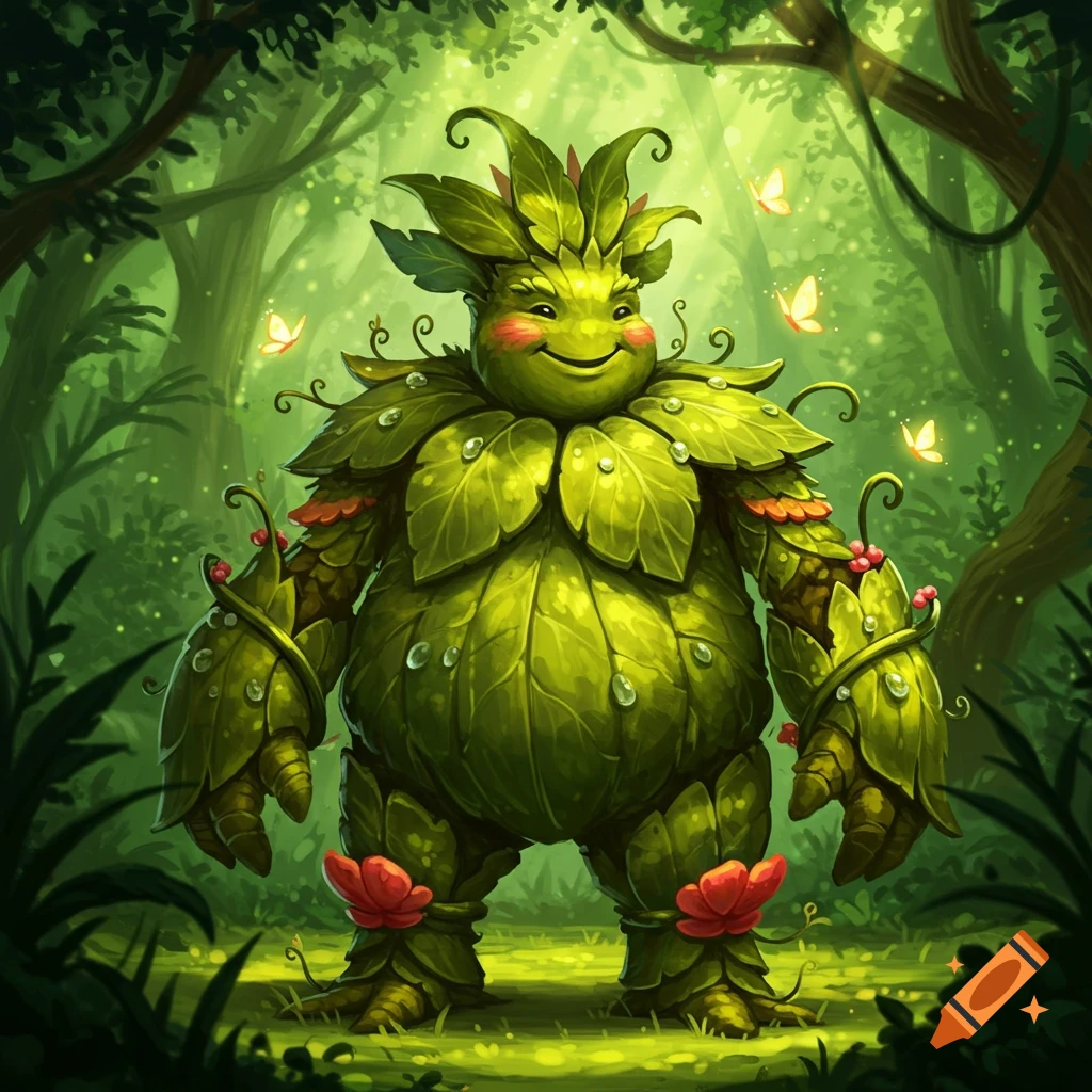 A smiling, plump plant creature made of green leaves and water droplets ...