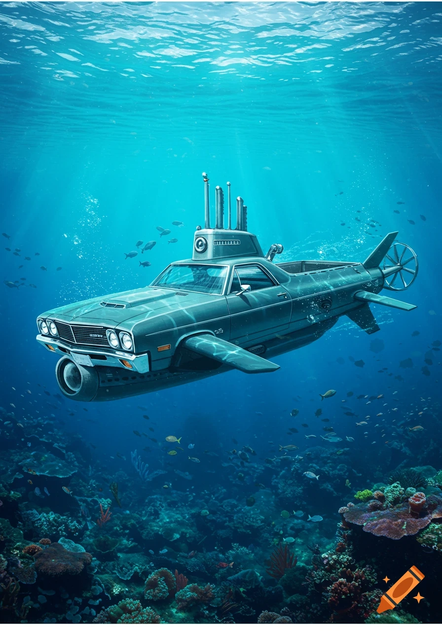 70s sci-fi art of a steel submarine-like spaceship with jet wings in a ...