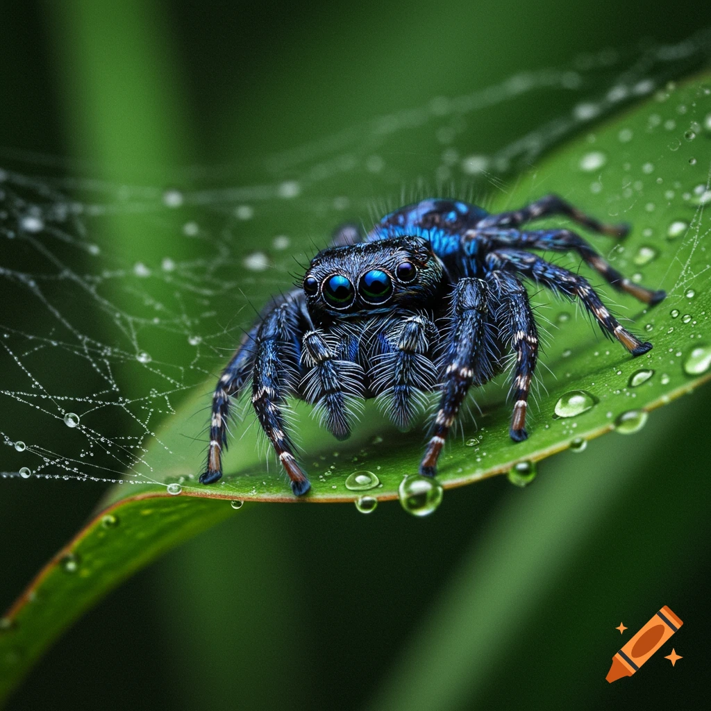 A cute, cartoon jumping spider sits on a wet window sill, gazing out at ...