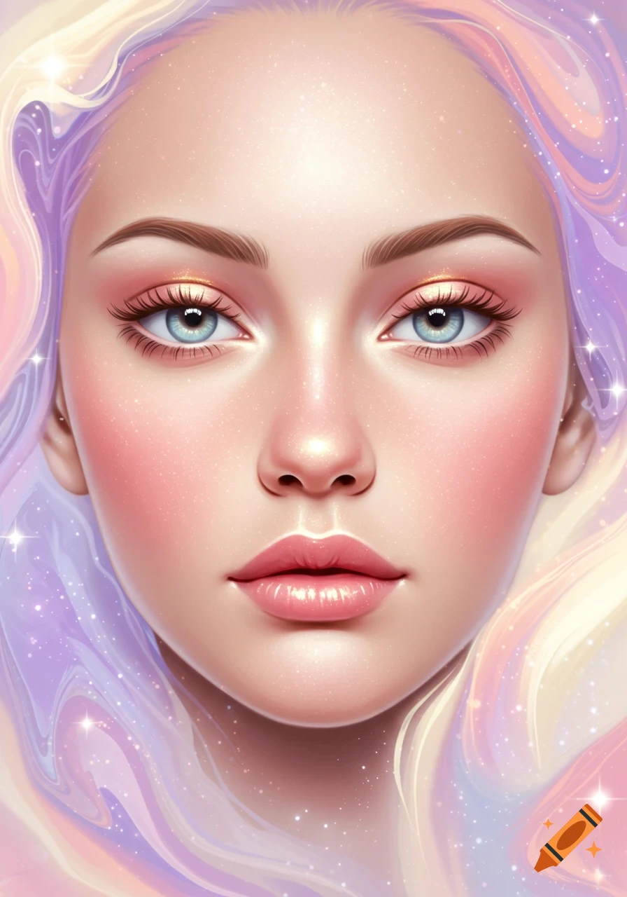 Close-up of a stylized woman's face with bright blue eyes, pink blush ...