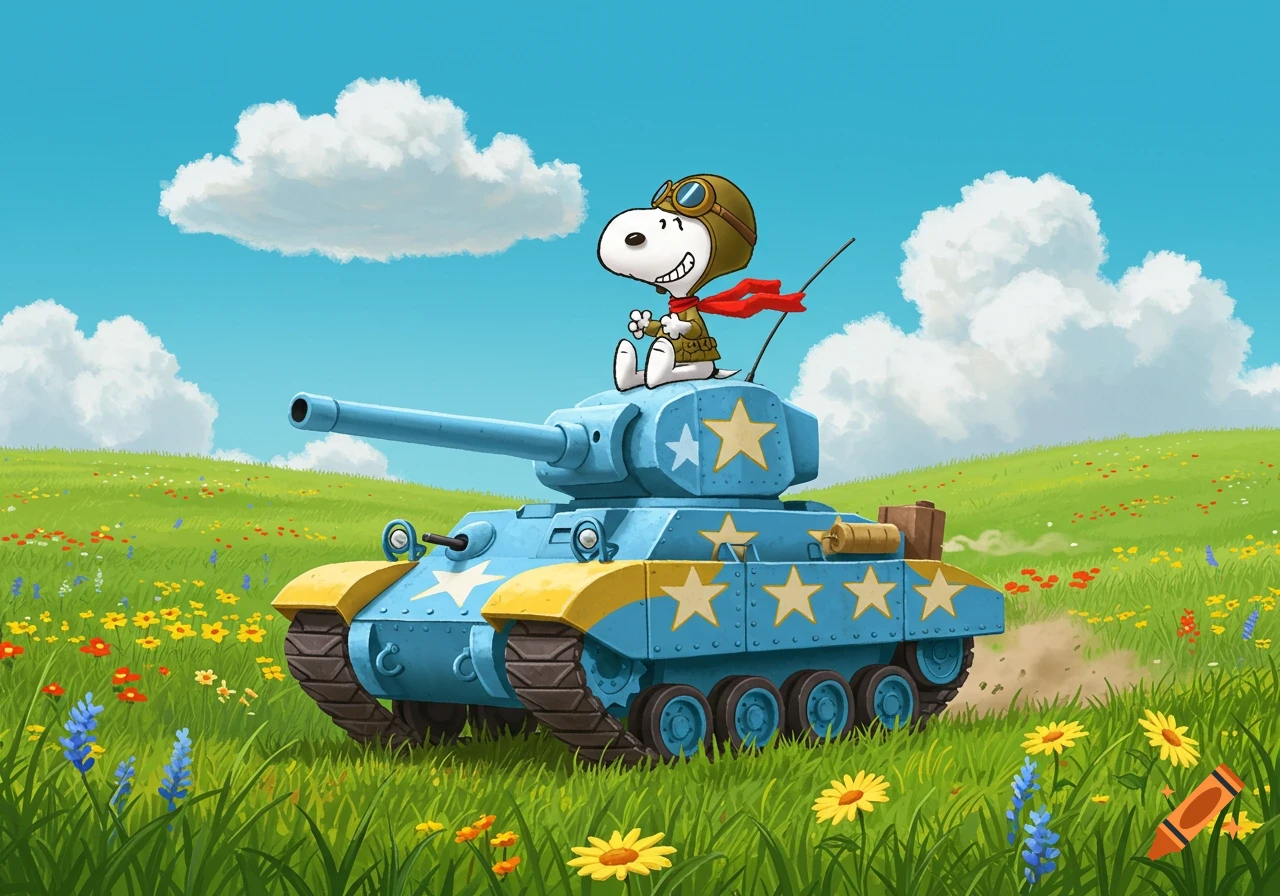 A cartoon green tank with a smiling face on a glossy blue and green ...