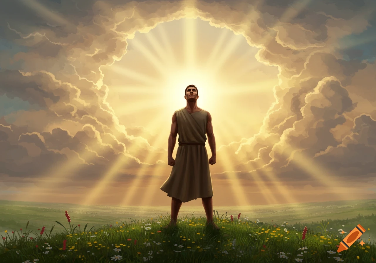 A man in a tunic stands in a grassy field, looking up at a bright ...