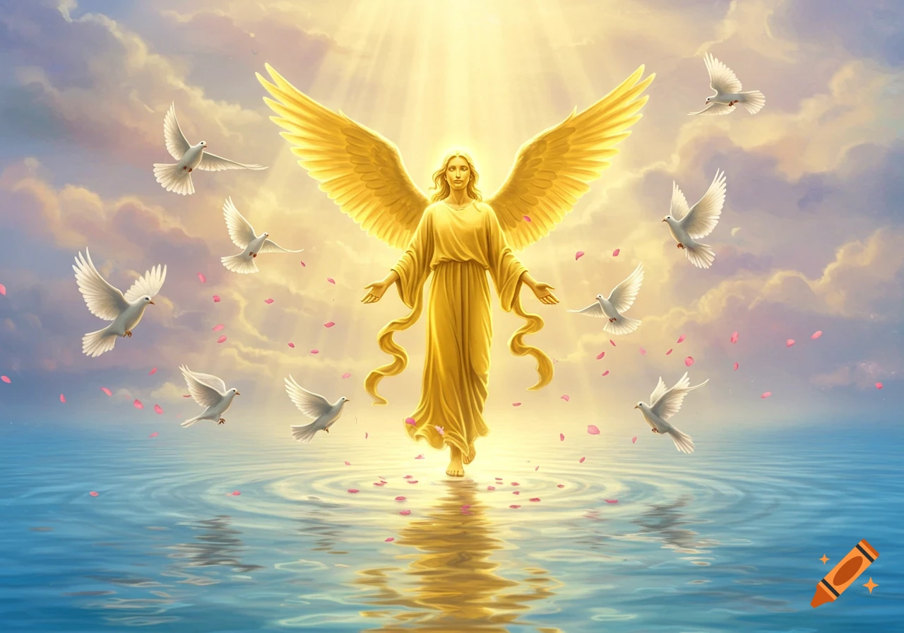 A radiant golden angel with large wings stands on water, surrounded by ...
