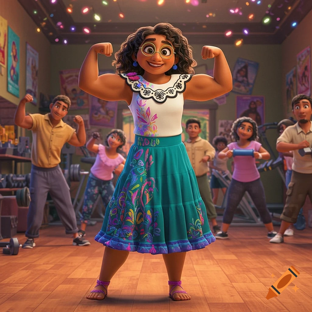 Mirabel from Encanto flexes her muscular arms in a gym, smiling at the ...