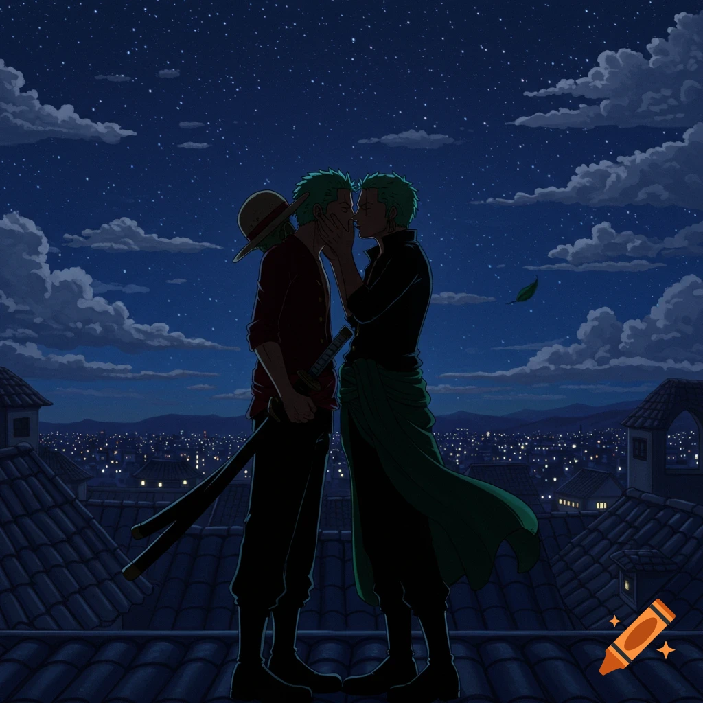 Two anime men with green hair kiss on a dark rooftop under a starry ...