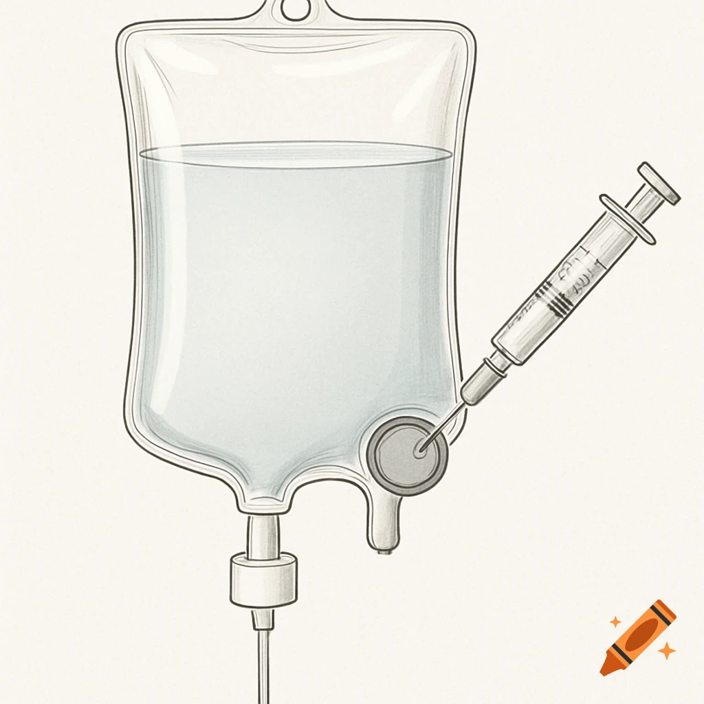 An illustration of an IV bag with a syringe inserted into an injection ...