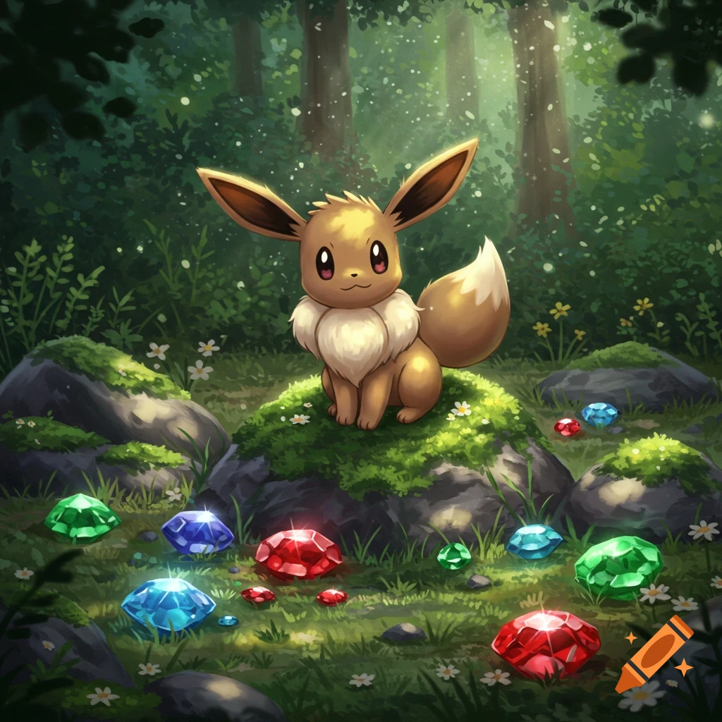 A cute Eevee sits on a mossy rock in a lush forest, surrounded by sparkling red, blue, and green ...