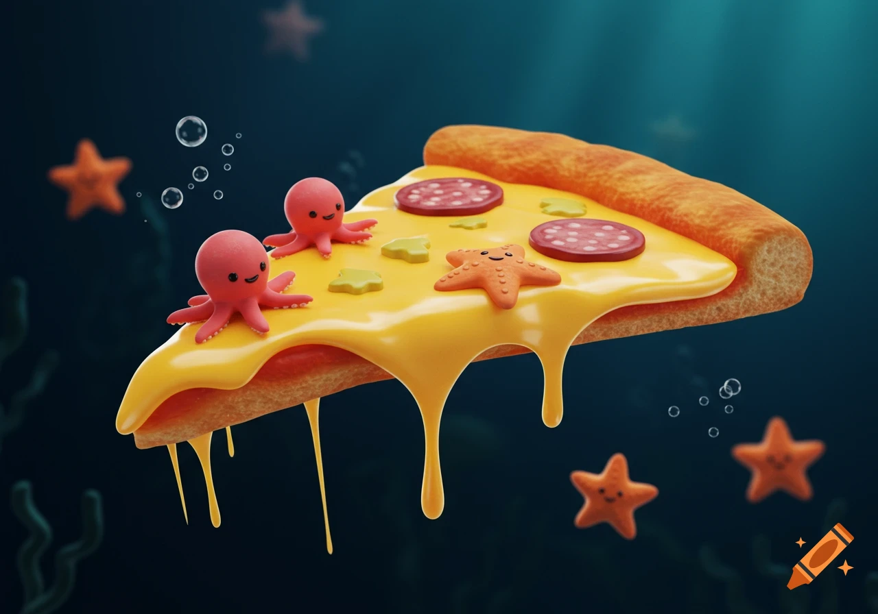 A vibrant 3D cartoon image of a slice of pizza floating underwater ...