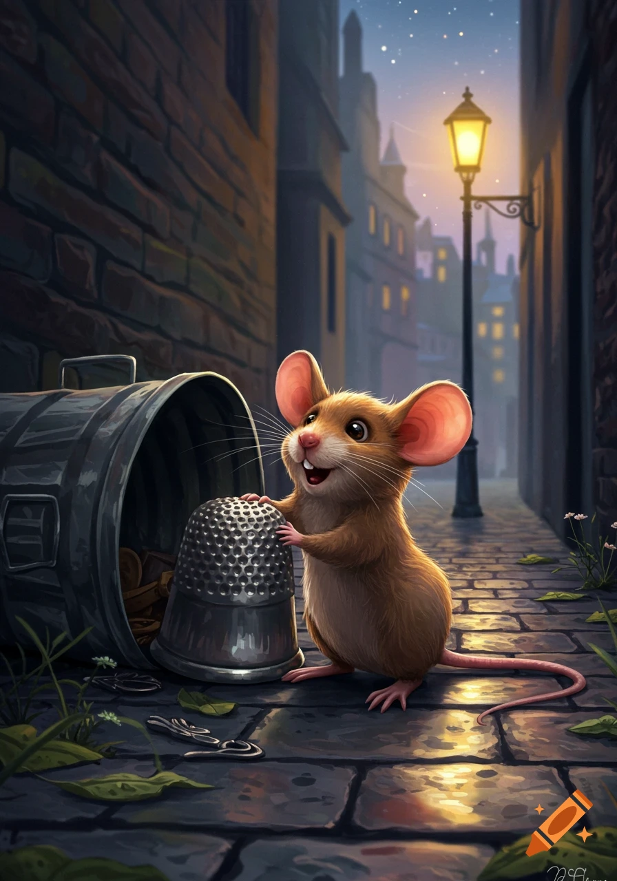 A happy cartoon mouse sits at a wooden table, eating a cat-shaped ...