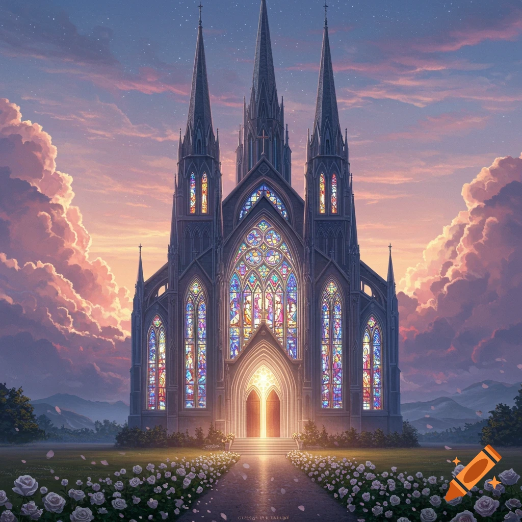 A grand, gothic-style church with spires and stained-glass windows ...