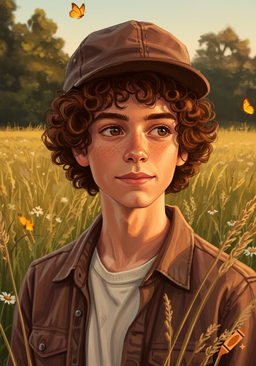 Illustrated portrait of a teen boy with curly brown hair, freckles, and a cap, in a sunny golden ...