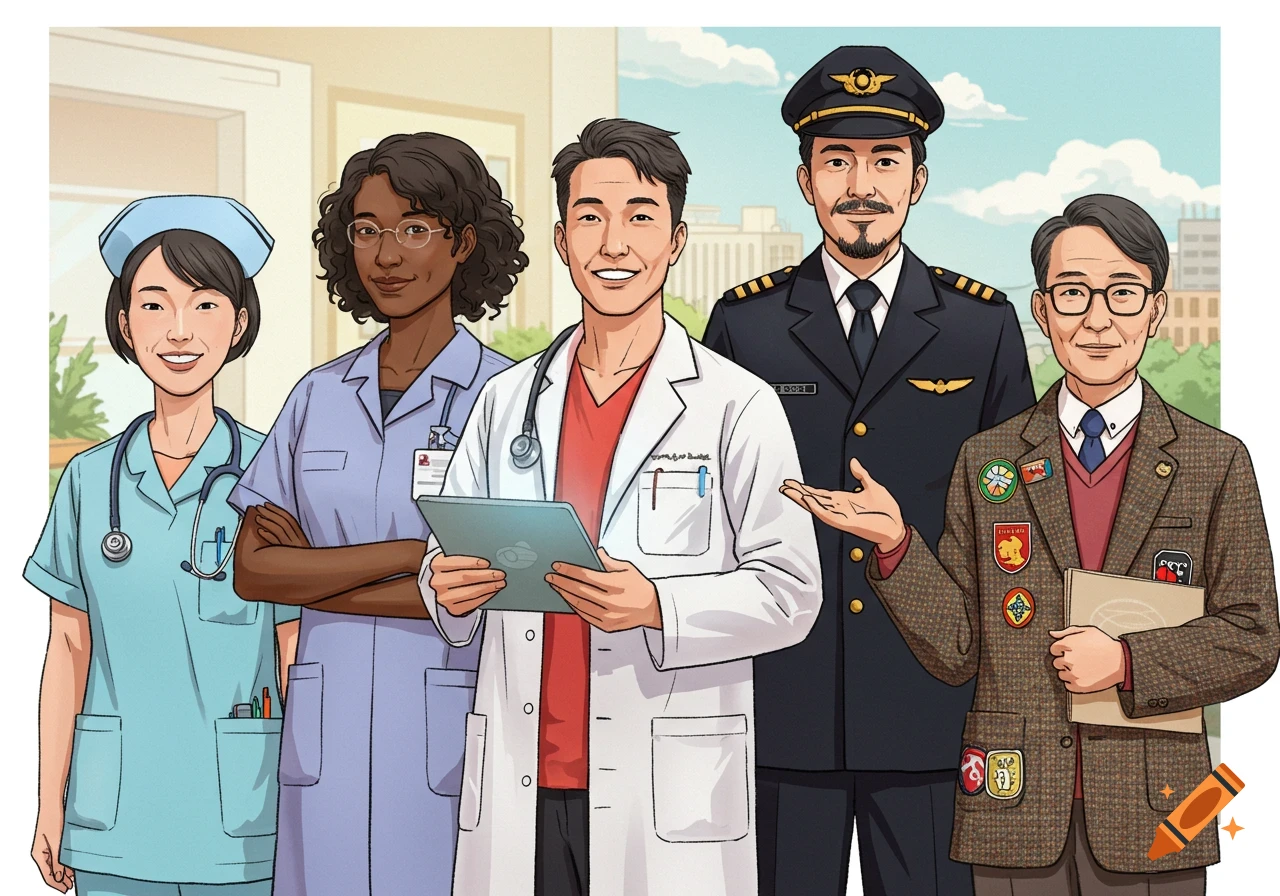 Four diverse professionals: a nurse, doctor, pilot, and a professor ...