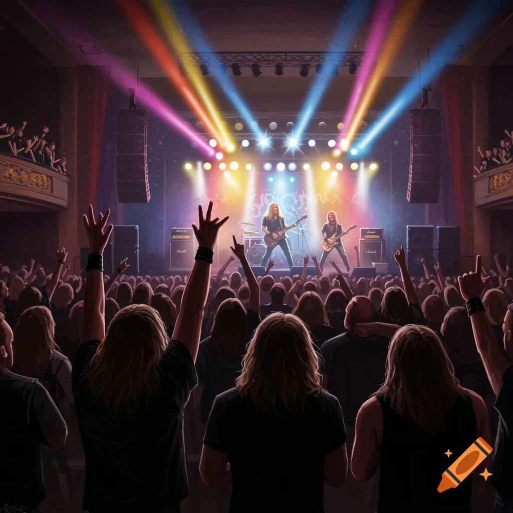 A rock band performs on stage under red lights on Craiyon