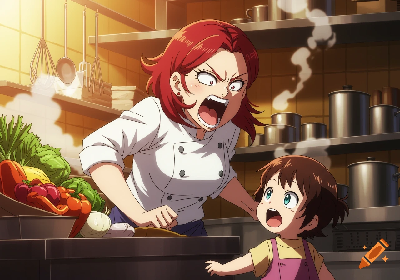 An angry red-haired anime line cook yells at a small child in a busy ...