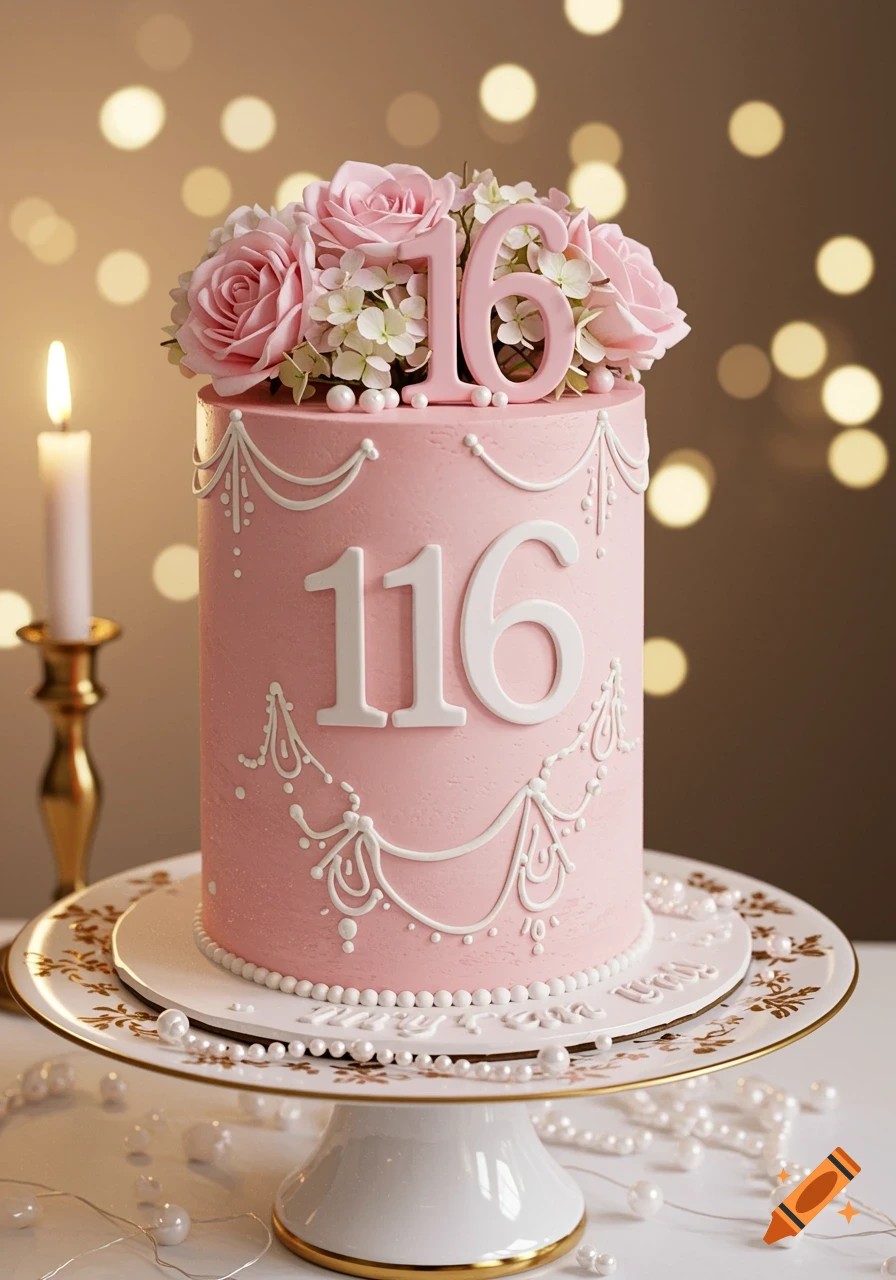 A white square cake with "Happy Sweet 16" in black script, three pink ...