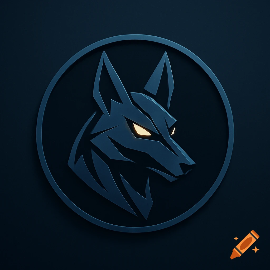 A stylized dark blue jackal or wolf head logo with glowing yellow eyes ...
