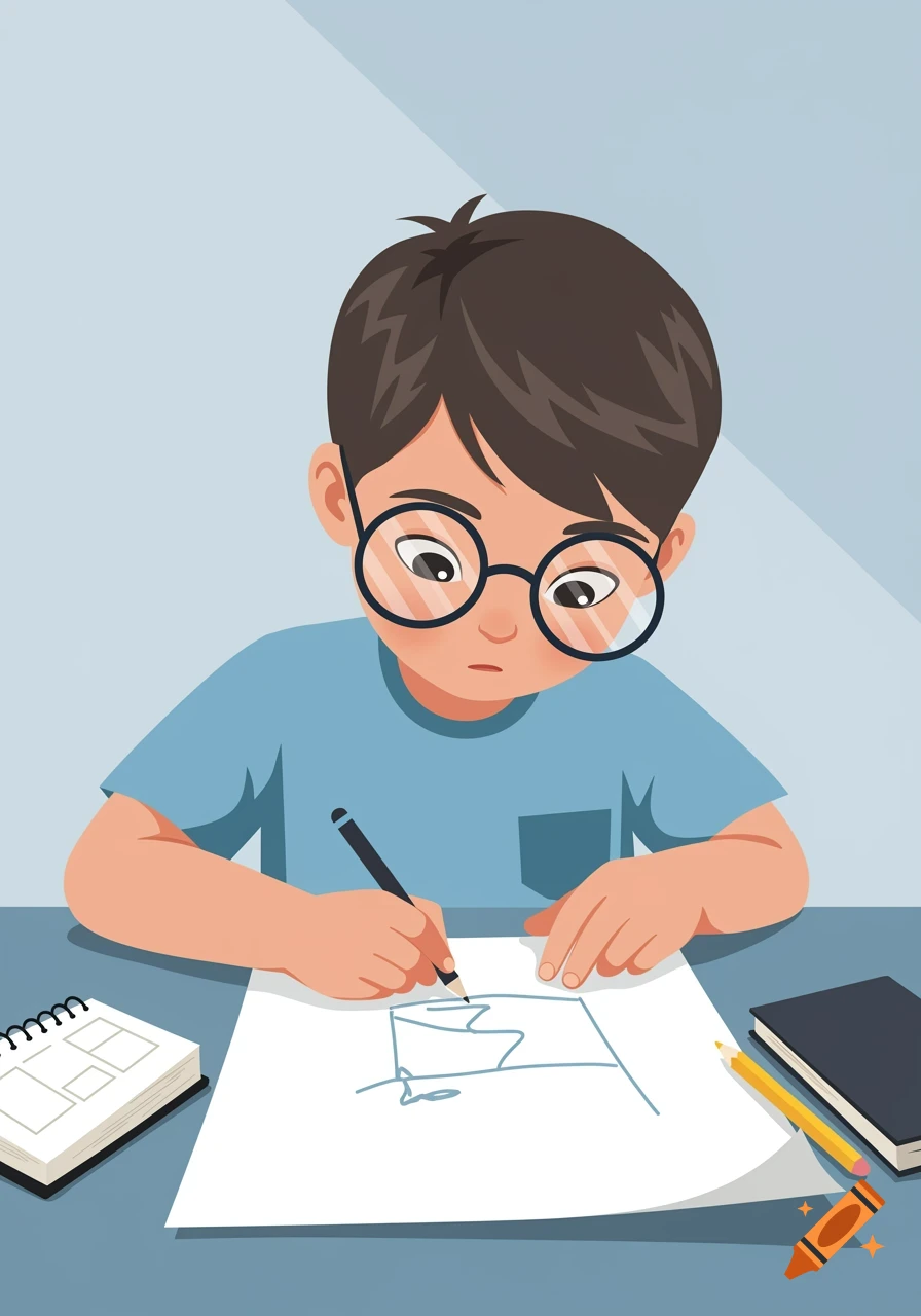 A young boy with glasses sits at a desk, intently drawing on a sheet of ...