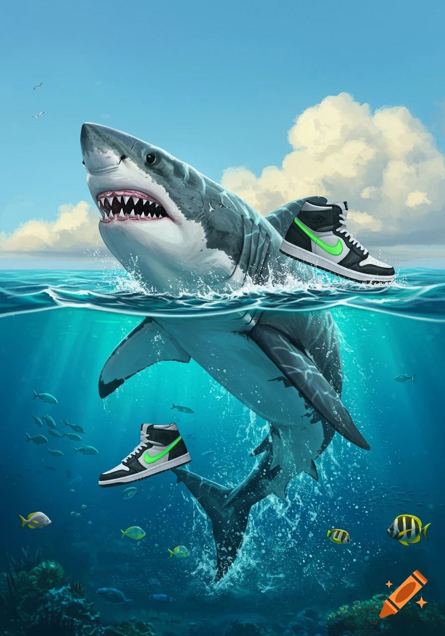 A great white shark wearing red and white Nike sneakers stands on a wet ...