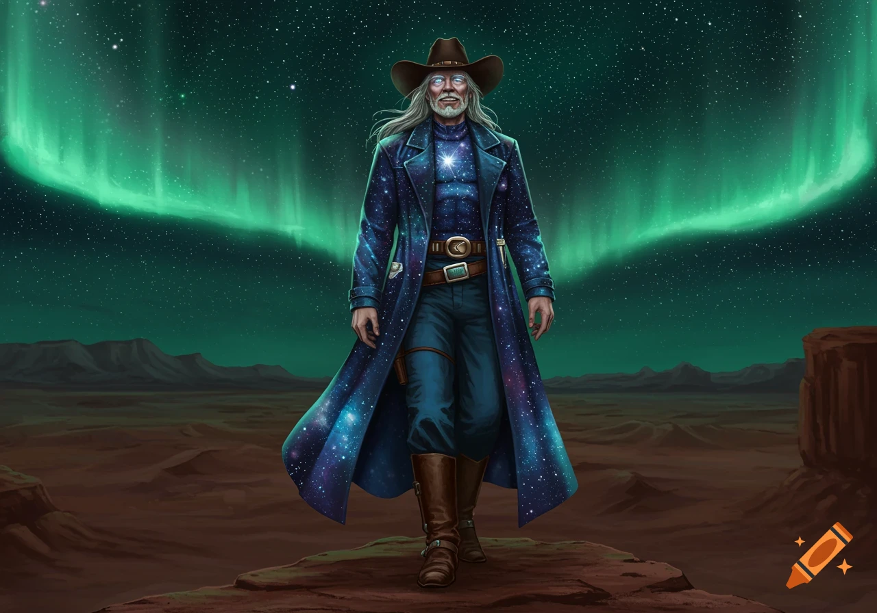 An elderly cosmic cowboy with a long white beard and a star-patterned ...