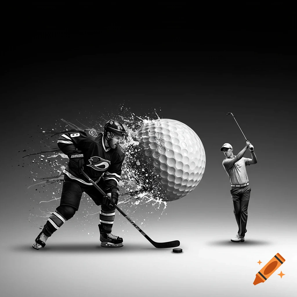 Black and white graphic of a hockey player hitting a puck that bursts ...