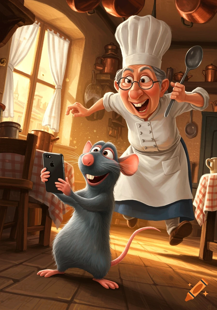 A smiling cartoon rat takes a selfie with a laughing chef in a rustic ...