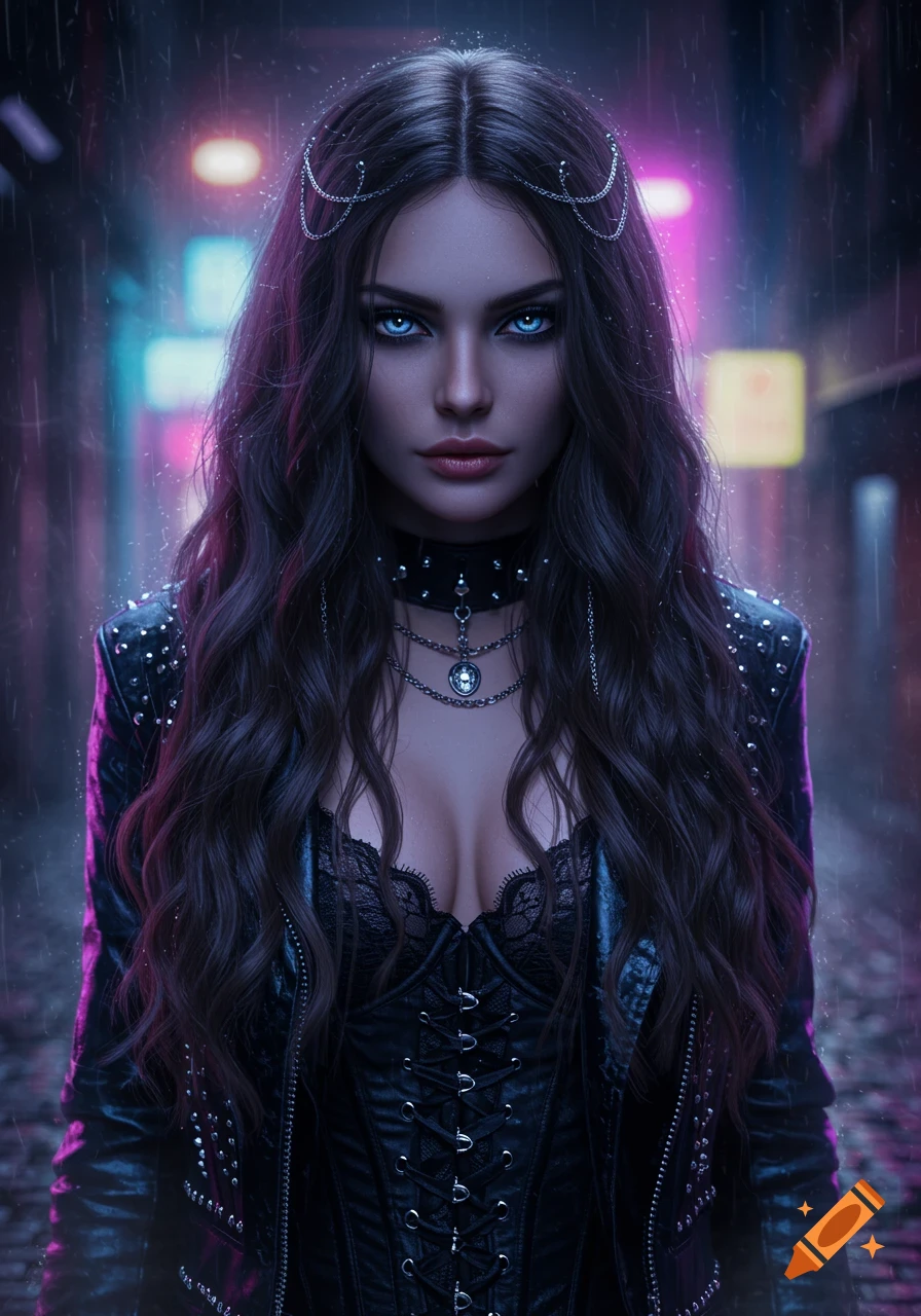 A woman in a neon green circuit board patterned corset, black spiked ...