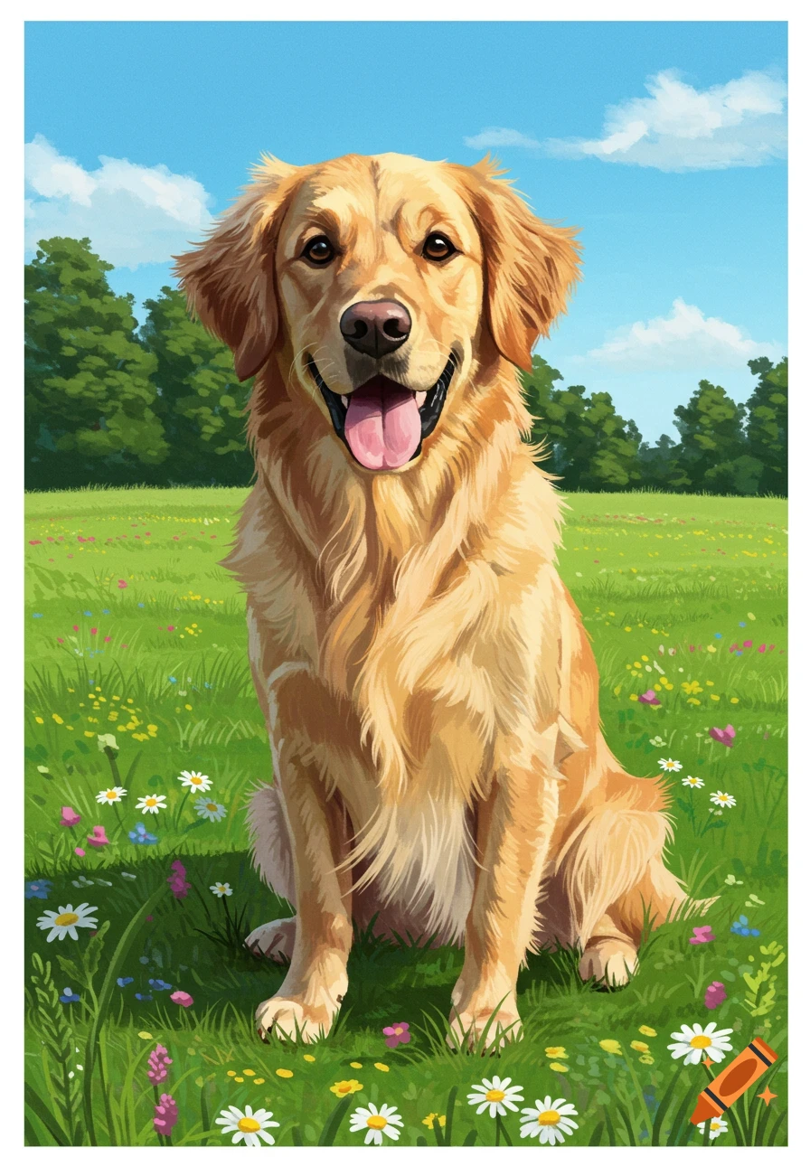 Pastel illustration of a golden retriever and a Great Pyrenees sitting ...