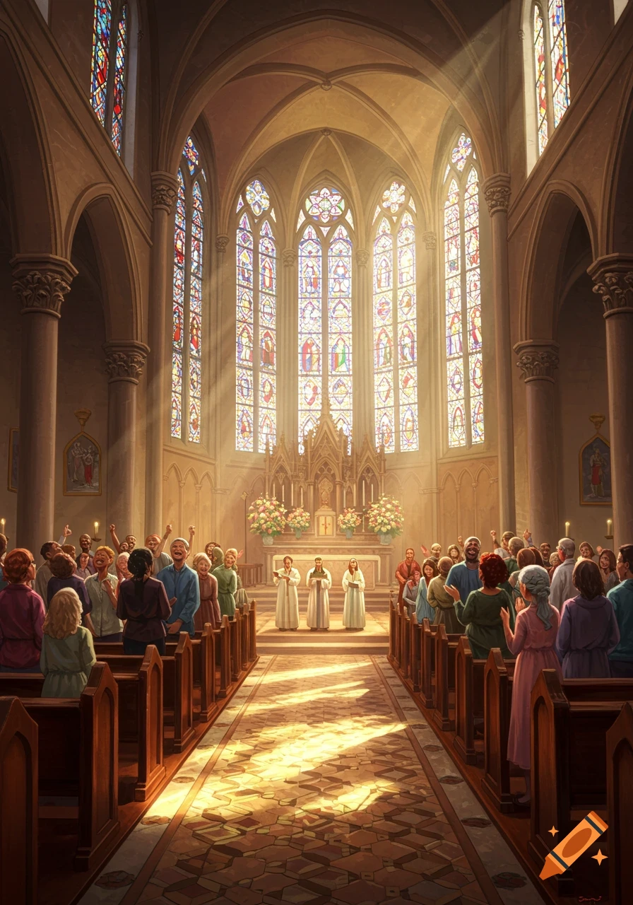 A large group of people in robes attending a religious ceremony inside ...