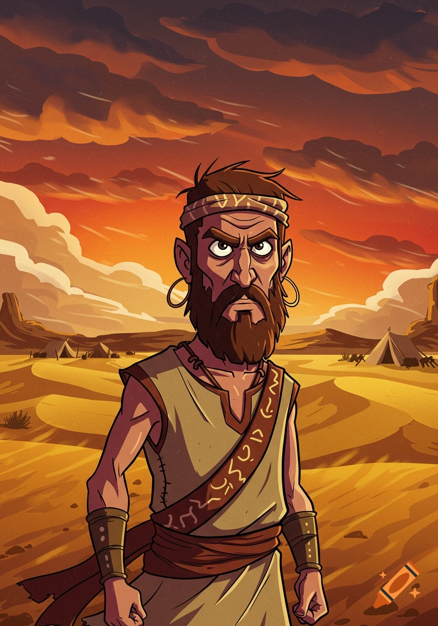 Cartoon drawing of a pensive Prometheus on a rock, observing small ...