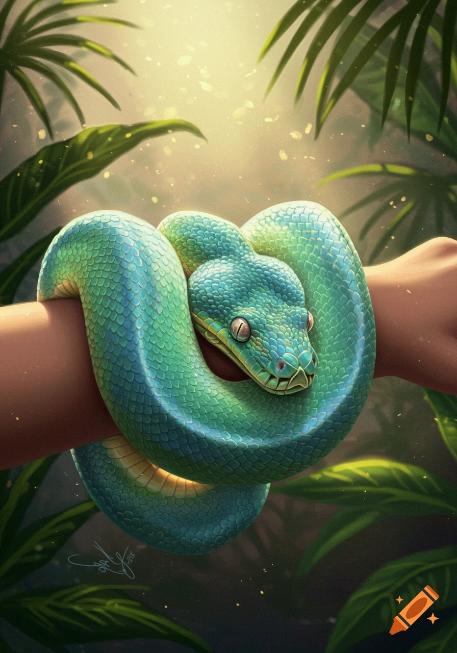 A vibrant green snake with bright yellow eyes is coiled around a mossy ...