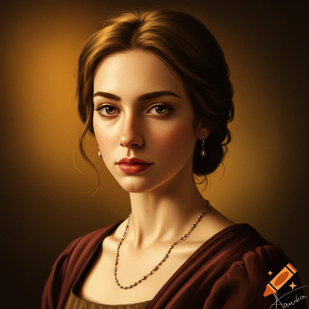 A photorealistic portrait of a woman with dark curly hair wearing a ...