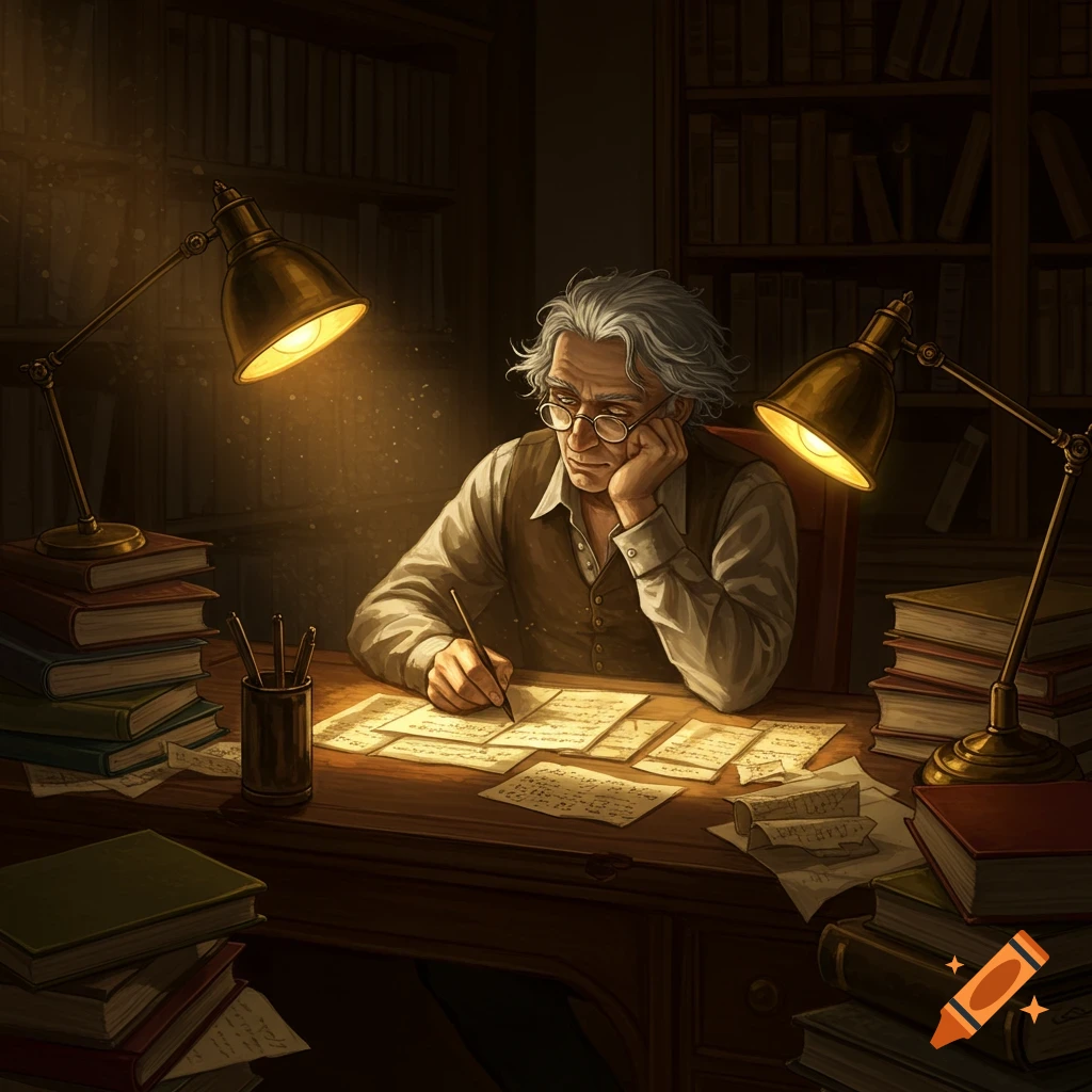 An old, stern-faced man with spectacles and white hair sits at a wooden ...