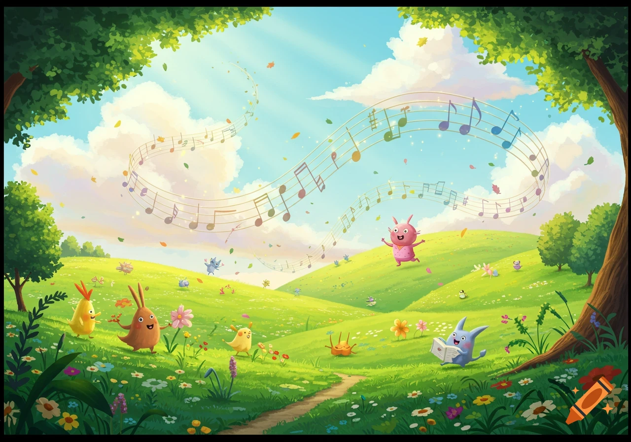 A whimsical cartoon bug plays a trumpet and a winged cow plays a guitar ...