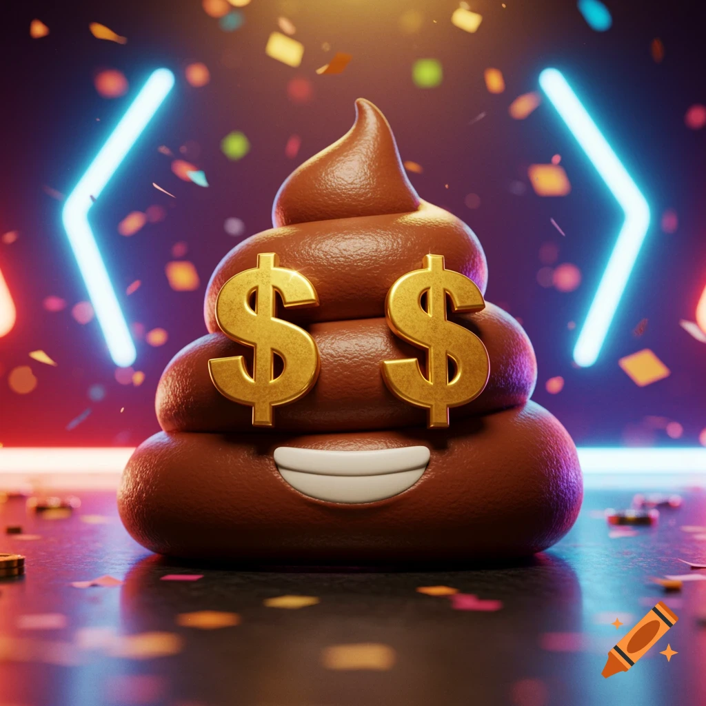 A 3D poop emoji with golden dollar signs for eyes smiles amidst falling ...