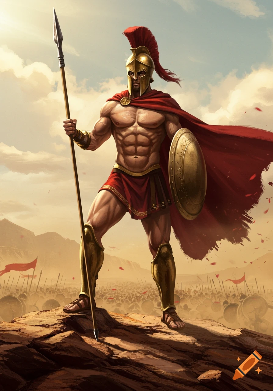 A victorious Roman soldier raising a sword on a battlefield with fallen ...