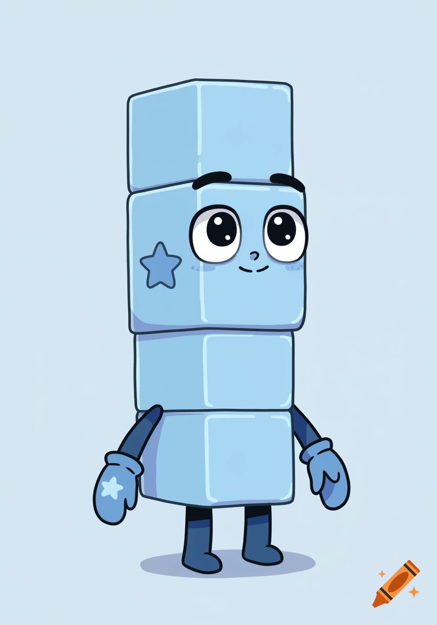 A light blue cartoon character made of four stacked blocks, with large ...