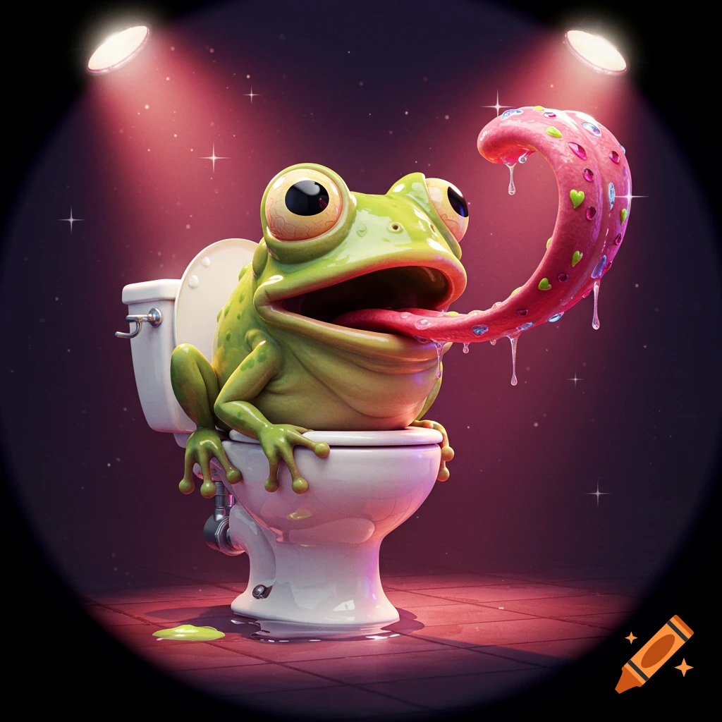 A large, green, cartoon frog with bulging eyes sits on a white toilet ...