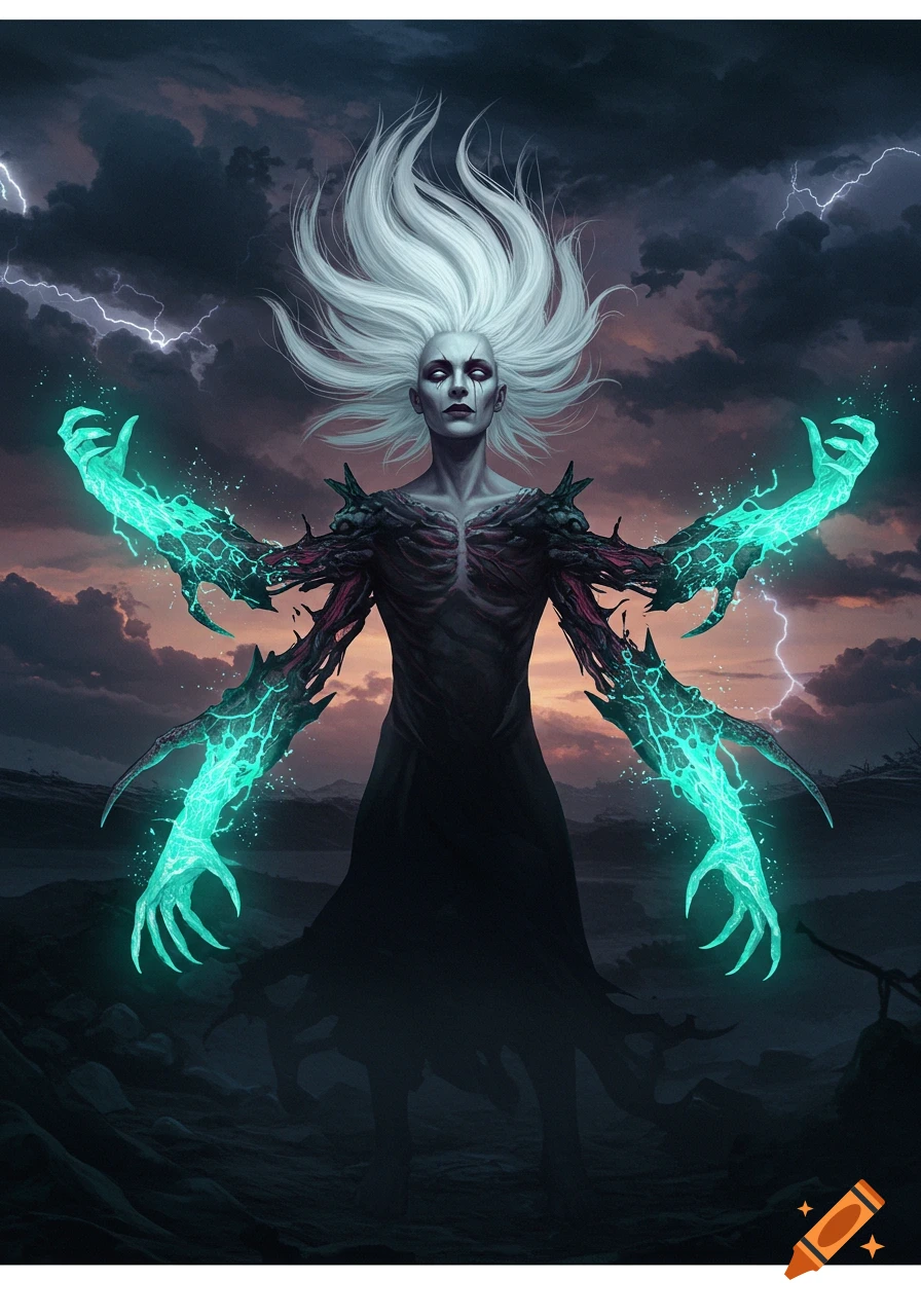 A pale character with wild white hair and six glowing teal, mutated ...