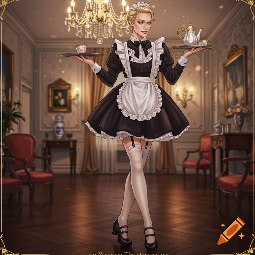 An illustration of a person in a black and white maid dress holding two ...