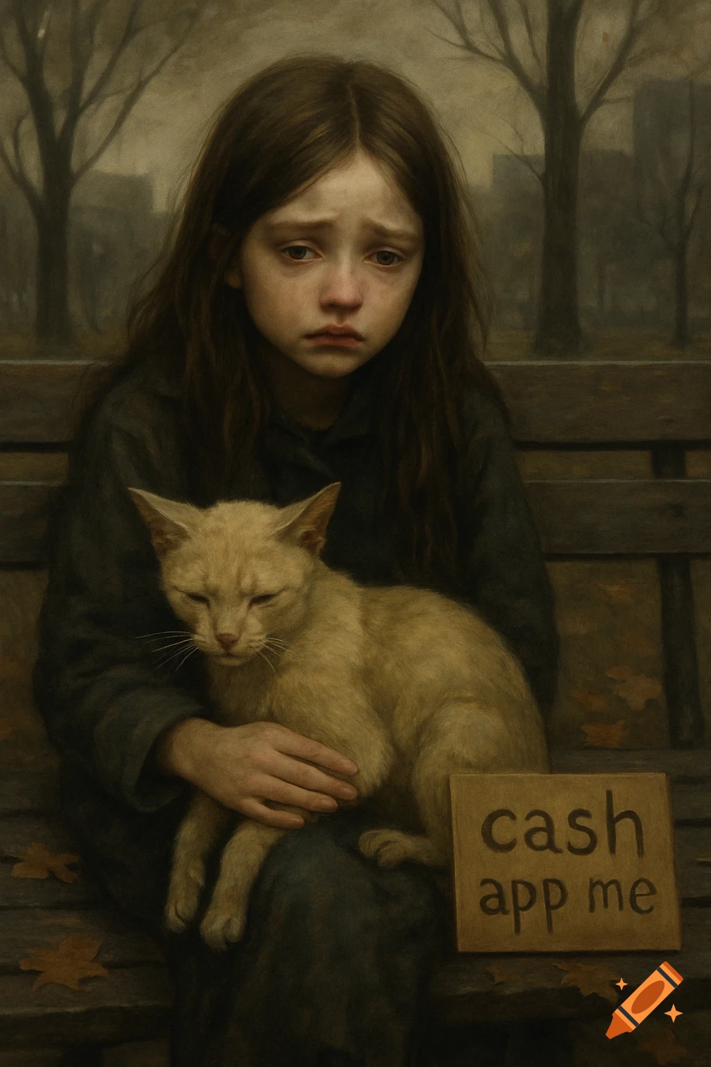 A sad girl sits on a dark bench, holding a cream-colored cat, with a ...