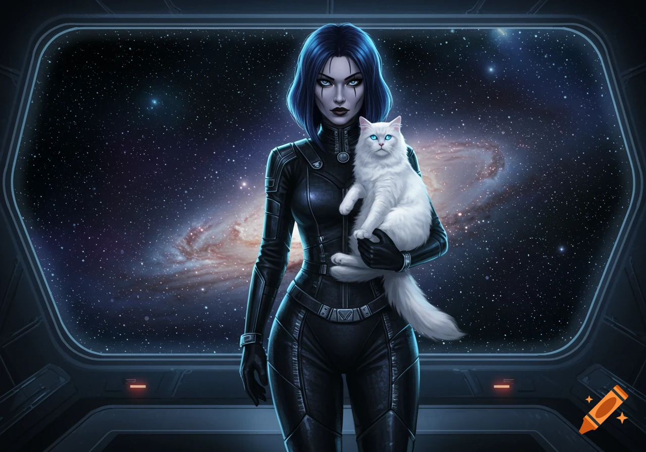 A dark-haired woman in a black sci-fi suit holds a white cat, looking out a spaceship window at ...