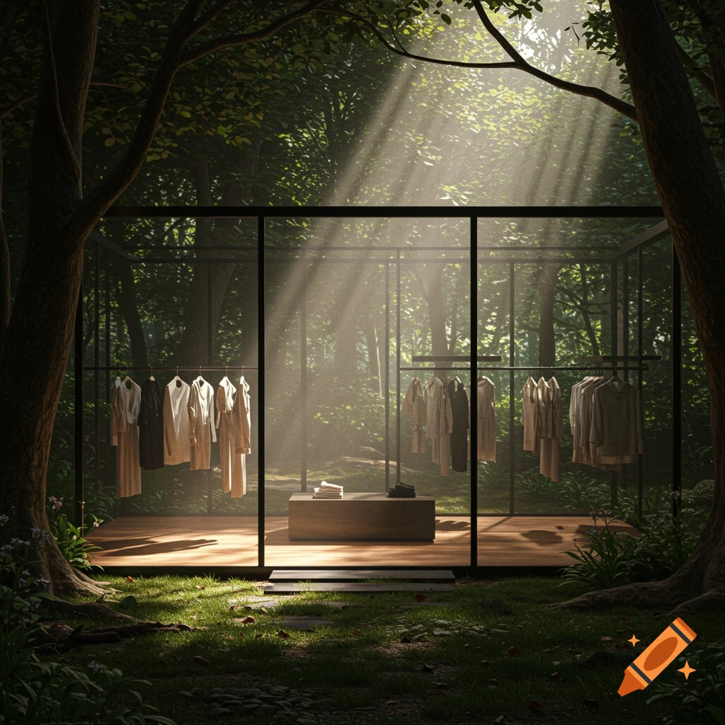 A minimalist glass and wood structure with clothing racks set in a lush ...