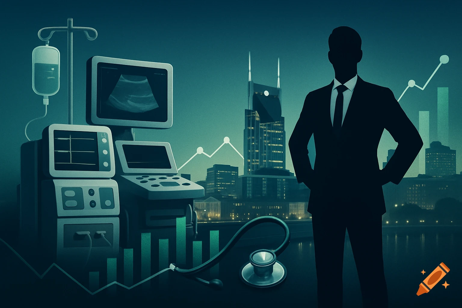 A stylized illustration of a silhouetted businessman, medical equipment ...