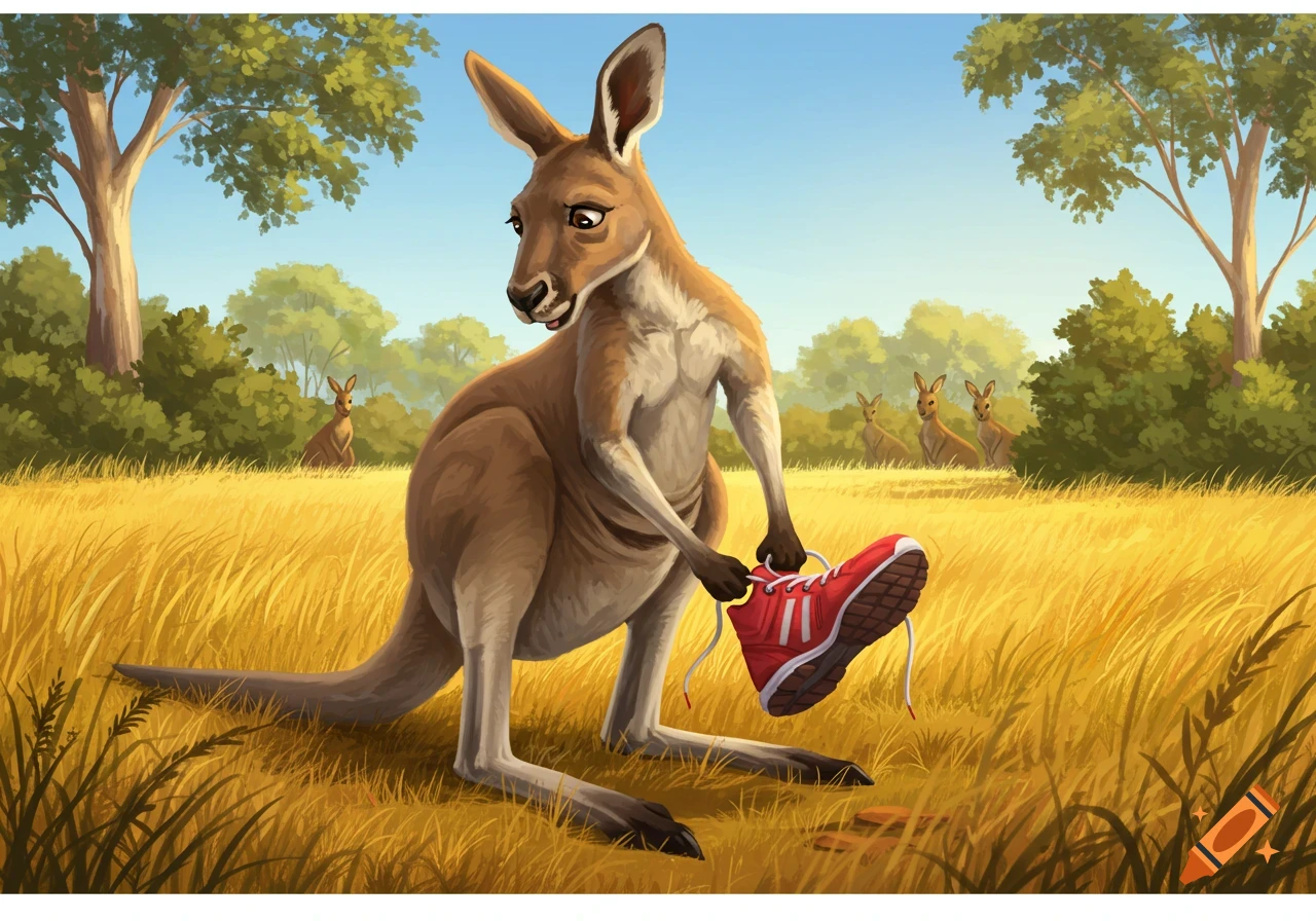 An illustrated kangaroo in a sombrero stands in a sunny, adobe-style ...