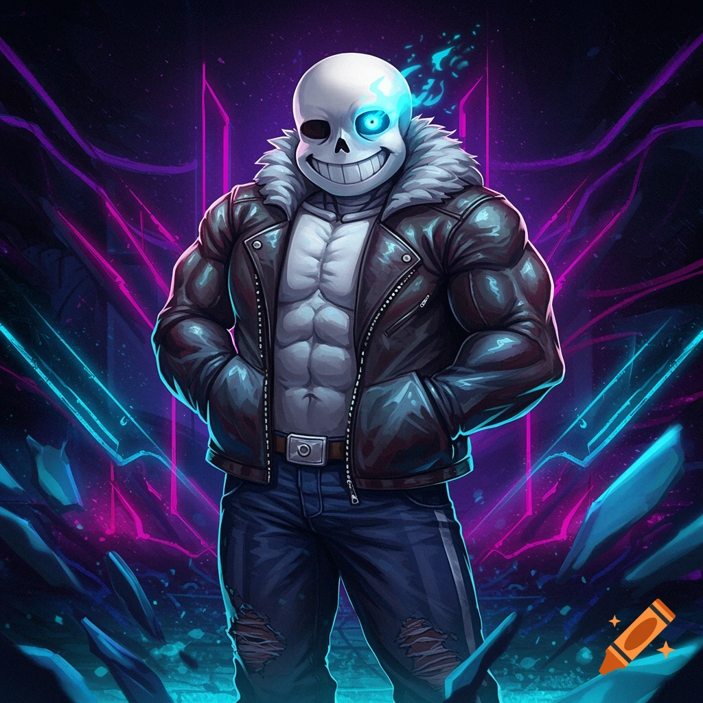 A muscular skeletal character with a glowing blue eye, wearing a ...